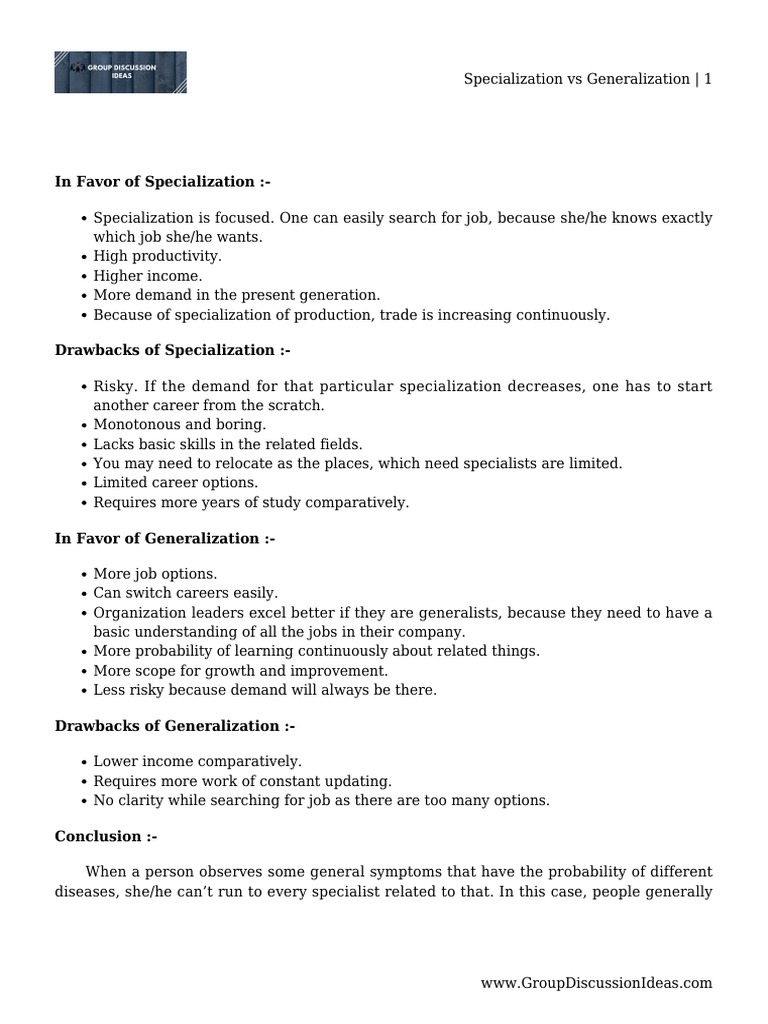 Specialization Vs Generalization PDF | PDF | Cognition | Psychological ...