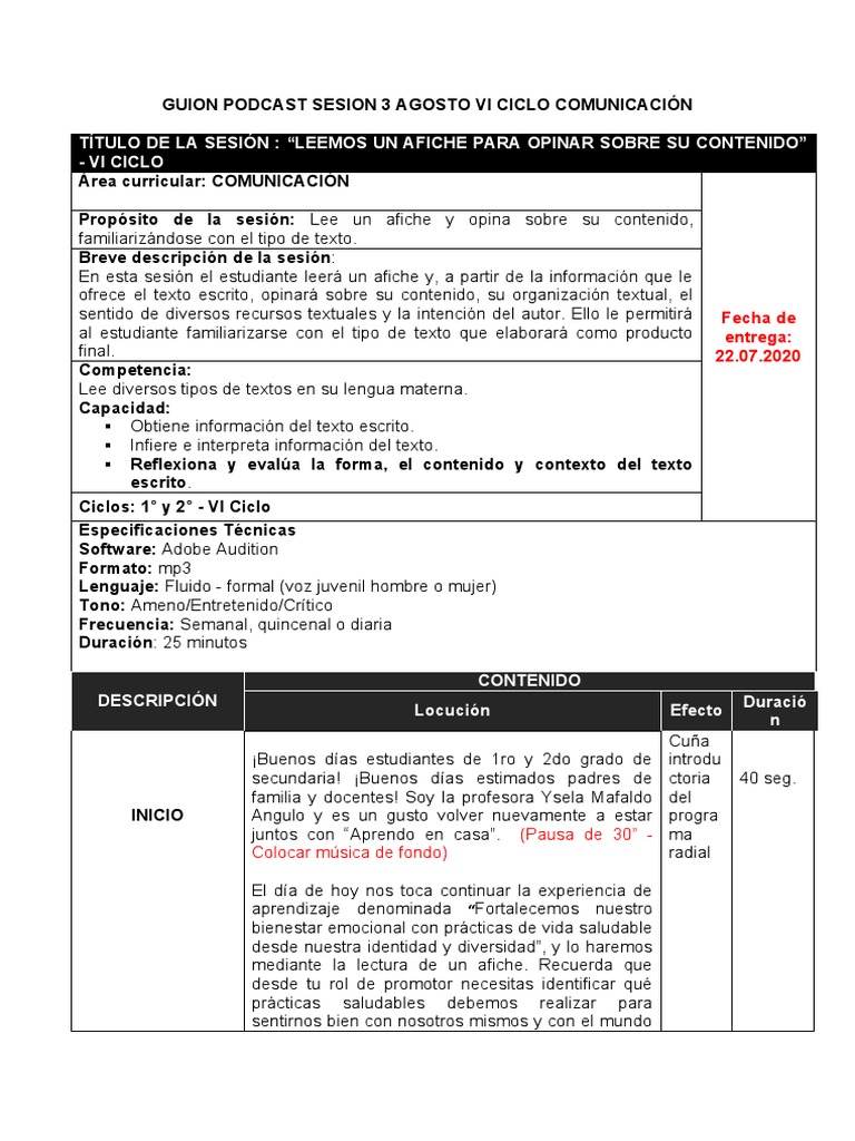 Guion Secund 1°-2° Comun. Sesión 19 21-Agos | PDF | Póster | Información