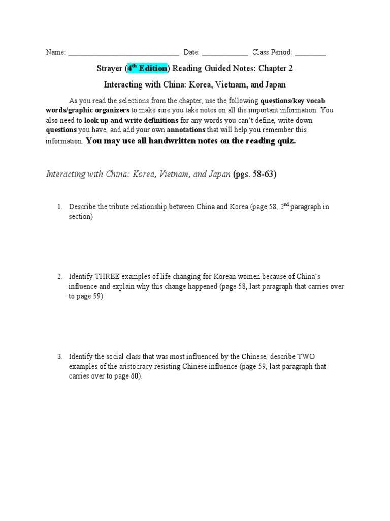 Strayer 4th Edition Chapter 2 East Asia Reading Guide | PDF