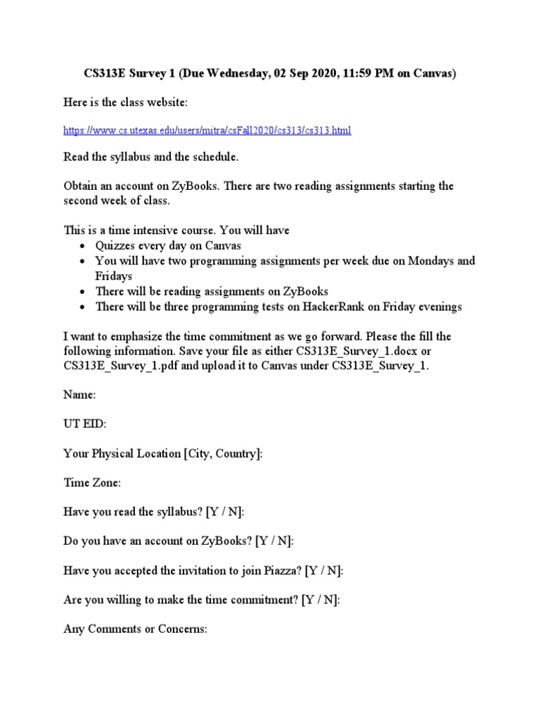 CS313E Survey 1 (Due Wednesday, 02 Sep 2020, 11:59 PM On Canvas) | PDF ...