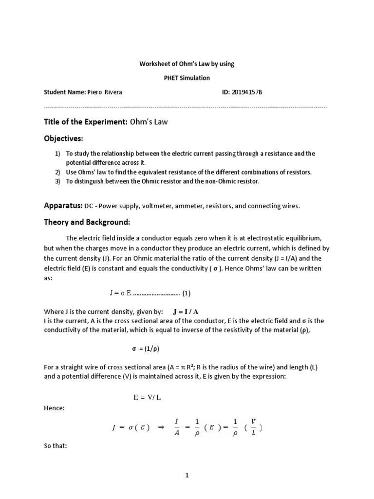 Ohm's Law PHET Simulation Guide | PDF | Electrical Resistivity And ...