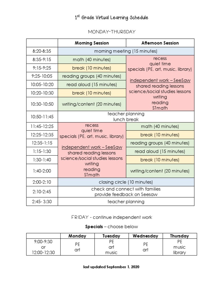 1st Grade Virtual Schedule | PDF | Learning | Behavior Modification
