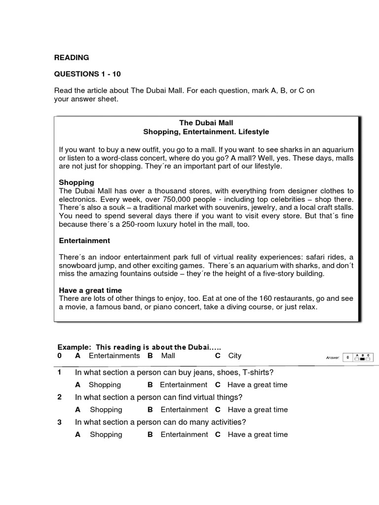 Reading - 1 - Ket - Form - A - Unit - 8 - A1.2 | PDF | Entertainment ...