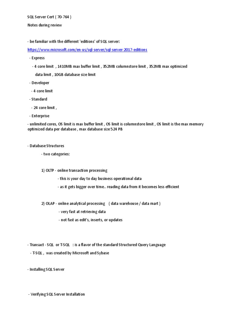 SQL Server 70 764 Notes | PDF | Database Index | Microsoft Sql Server