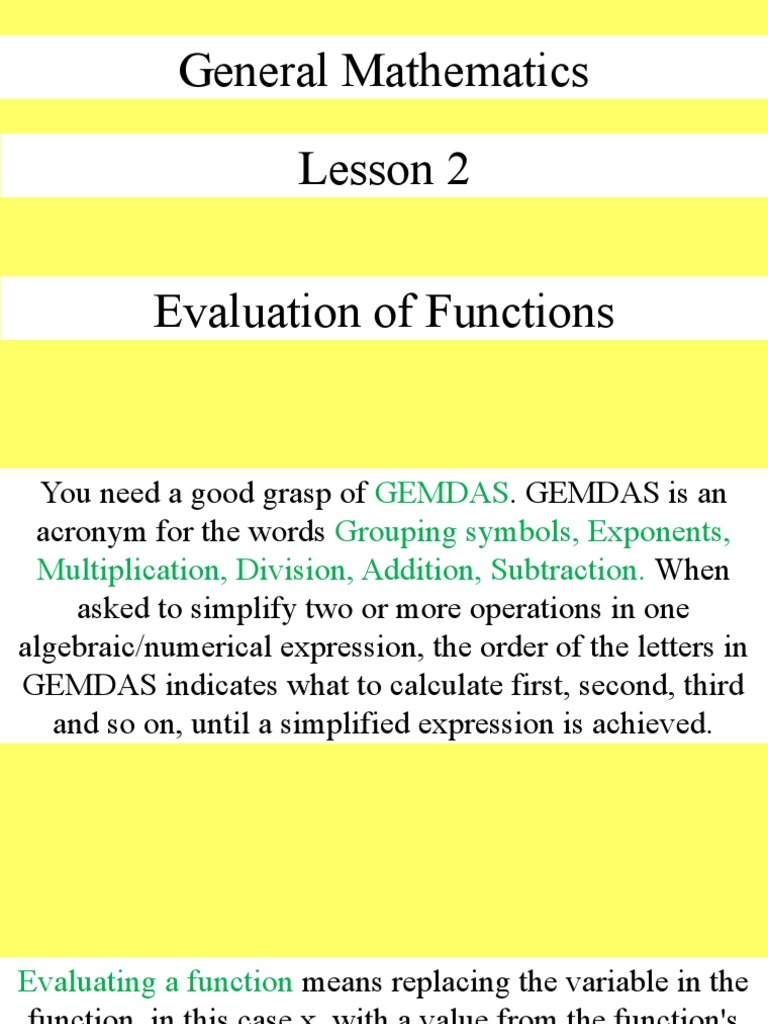 General Mathematics Lesson 2 Evaluation Of Functions Pdf Function
