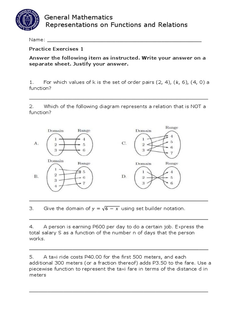 Practice Exercises 1 - Representations of Functions and Relations | PDF ...