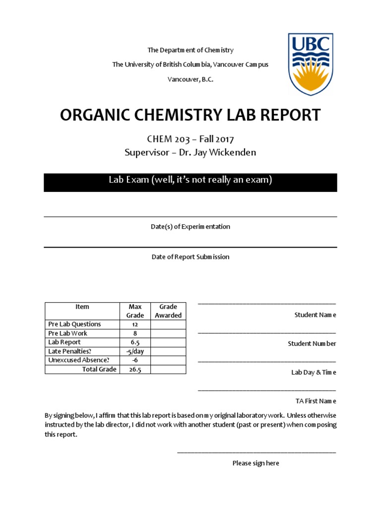 Organic Chemistry Lab Report: CHEM 203 - Fall 2017 Supervisor - Dr. Jay ...