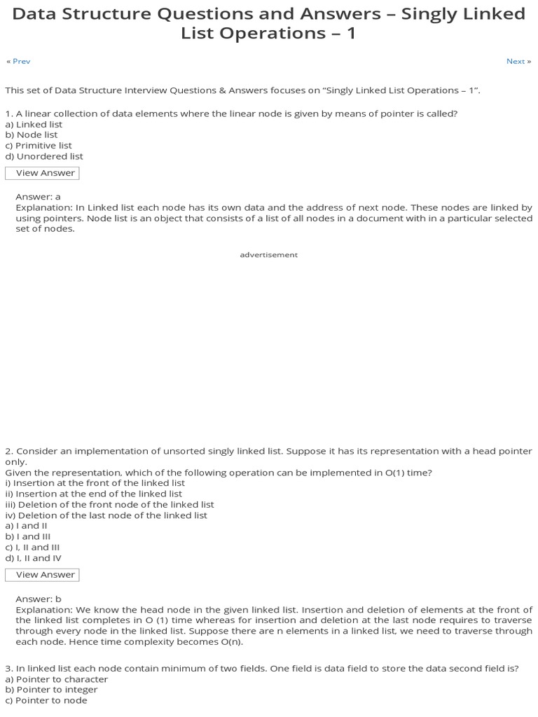 Singly Linked Lists Interview Questions and Answers - Sanfoundry PDF ...