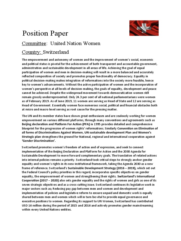 Position Paper: Committee: United Nation Women Country: Switzerland ...
