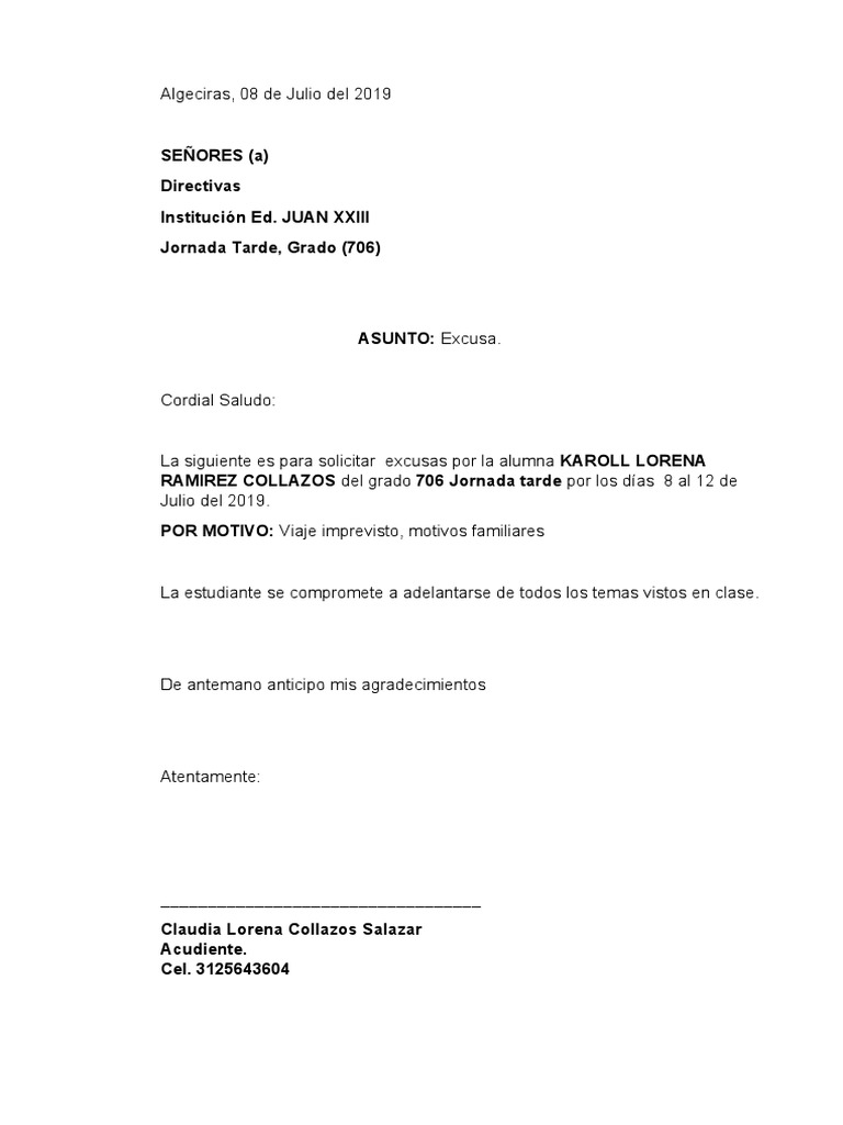 Excusa escolar por viaje imprevisto | PDF