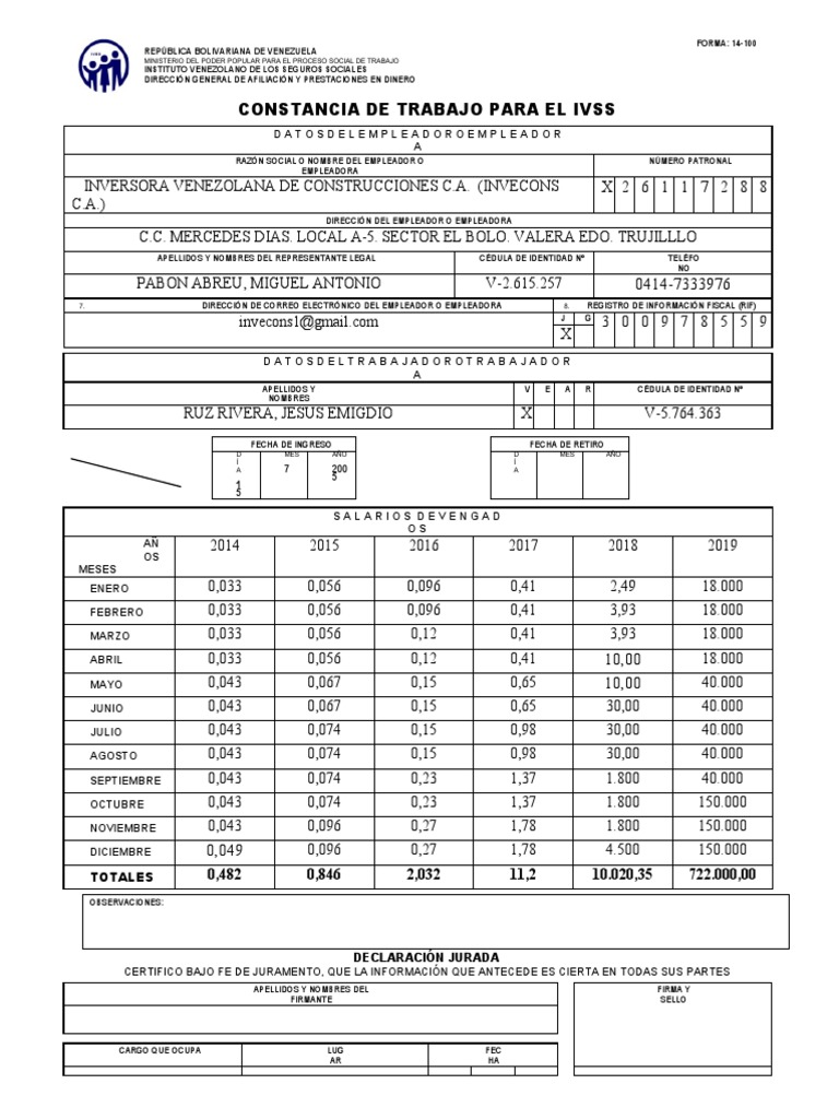 Formato IVSS 14 100 en Word | PDF | Gobierno y personalidad