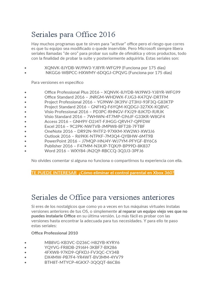 Seriales para Office 2016 | PDF | Microsoft Office | Software de oficina