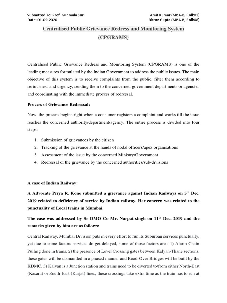 Centralised Public Grievance Redress and Monitoring System (Cpgrams) | PDF | Train | Rail Transport