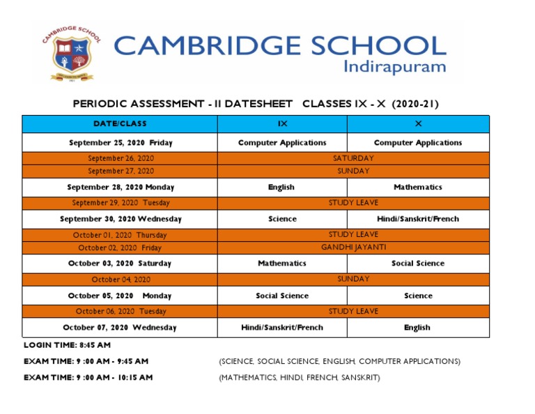Periodic Assessment II Schedule 2020-21 | PDF