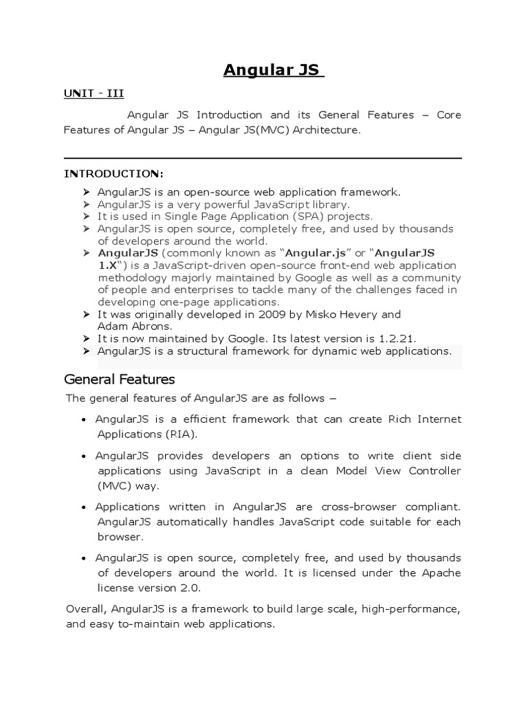 Angular Js General Features Pdf Angular Js Model View Controller