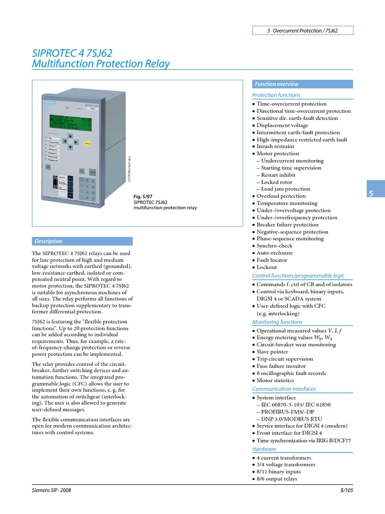 Siemens SIPROTEC 7SJ62 Relay Overview | PDF | Power Supply | Relay