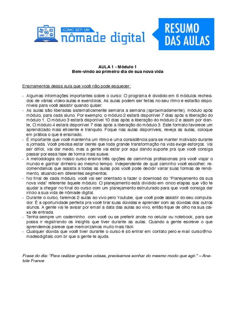 Resumo Mod1 Aula1 BemVindoAoPrimeiroDia Ok | PDF | Vida | Aprendizado