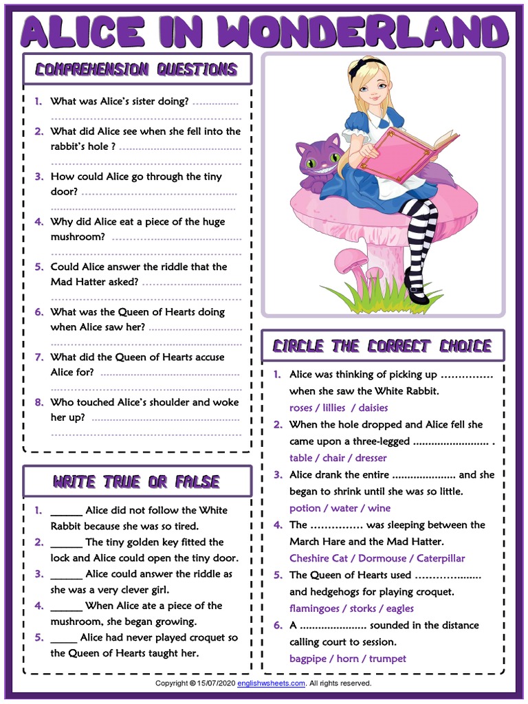 Alice in Wonderland Esl Printable Reading Comprehension Questions ...