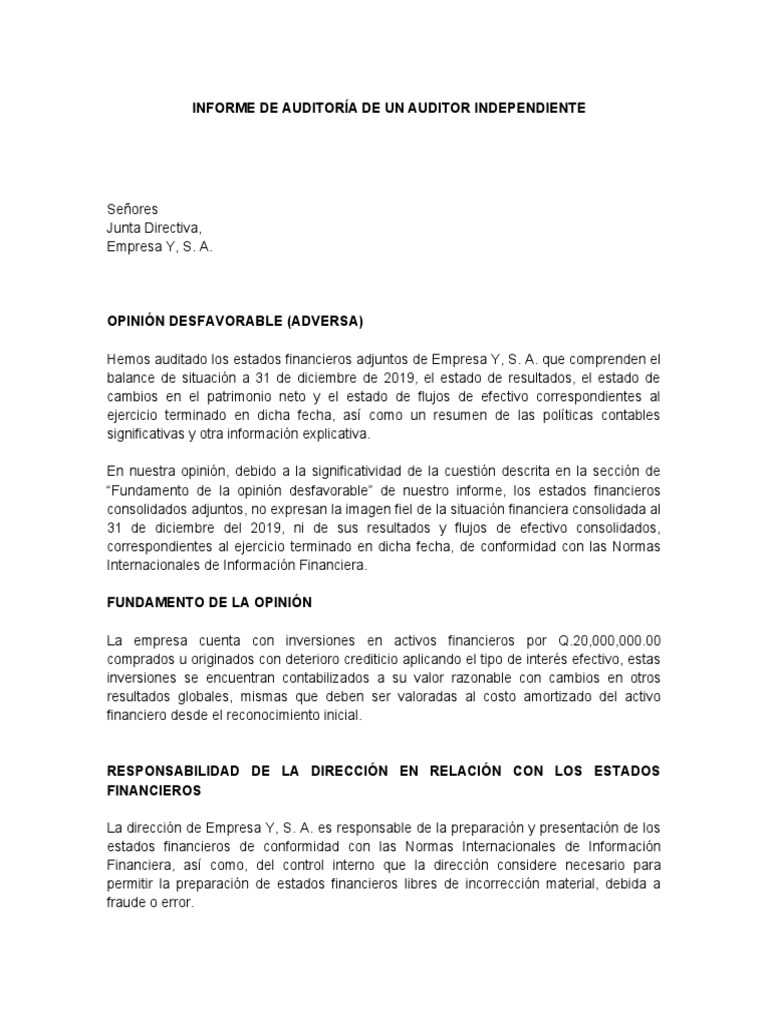 Informe (Opinion Adversa) | PDF | Auditoría | Contralor