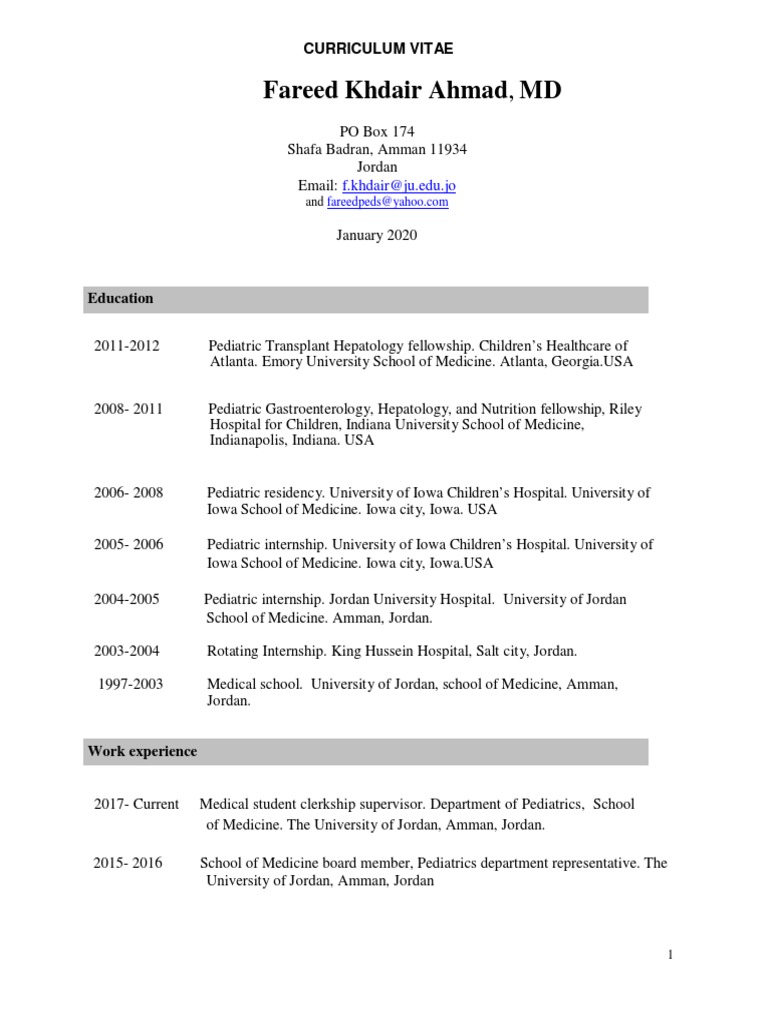 Fareed Khdair Ahmad, MD: Curriculum Vitae | PDF | Medical School ...