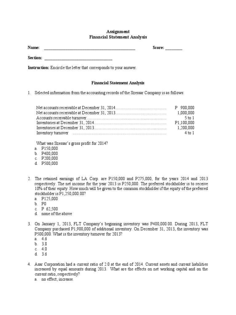 1 Financial Statement Analysis Questions PDF Equity Finance