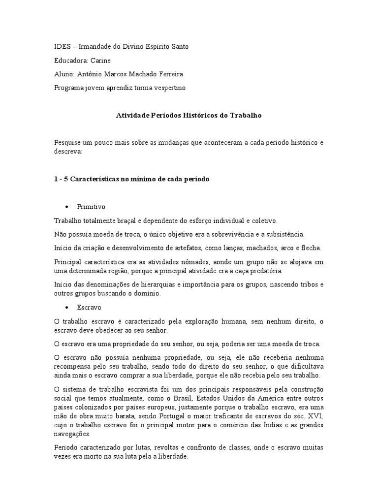 Atividade Períodos Históricos Do Trabalho | PDF | Feudalismo | Escravidão
