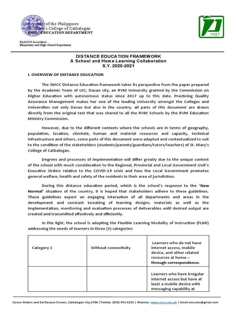Distance Education Framework A School and Home Learning Collaboration S ...