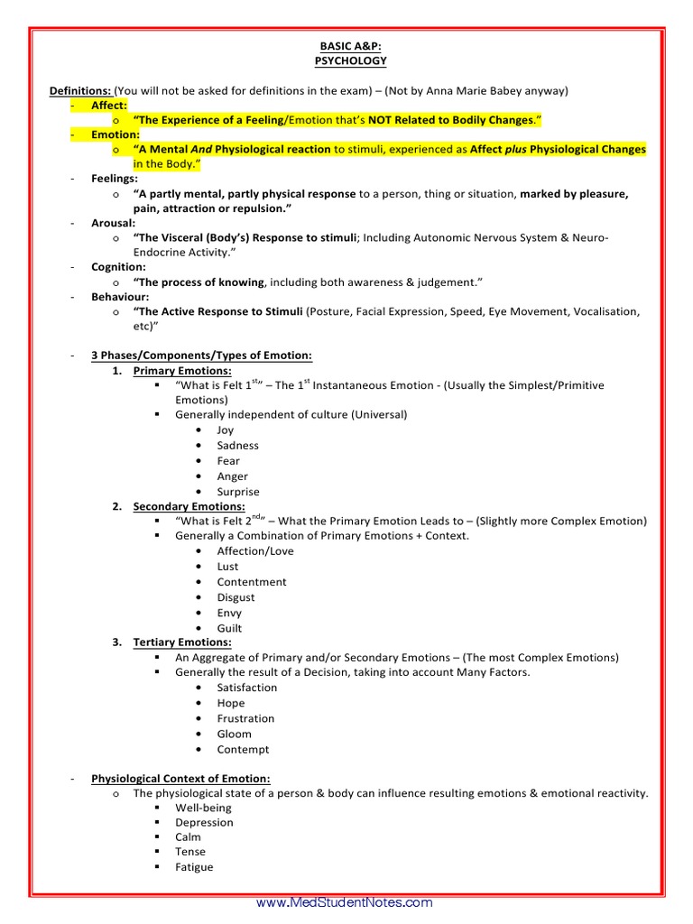 Basic A&P: Psychology Definitions: (You Will Not Be Asked For ...