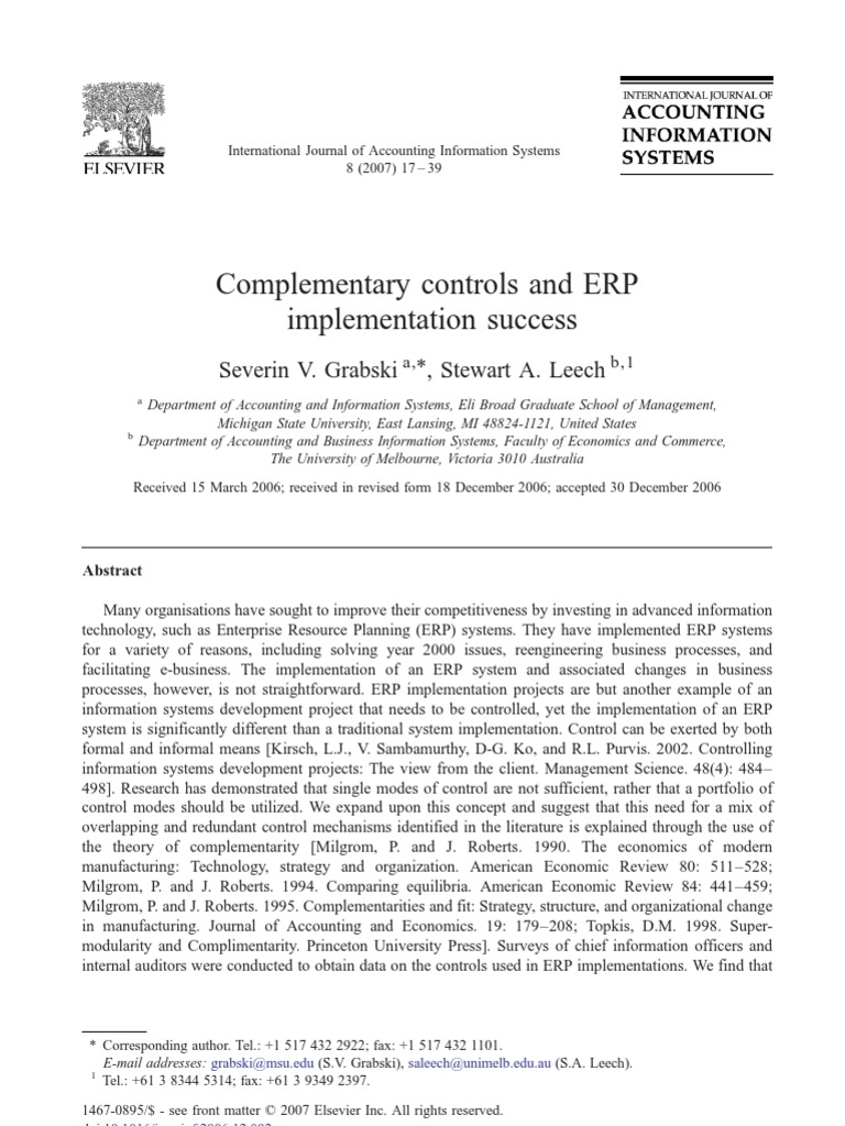 Complementary Controls and ERP Implementation Success | PDF | Internal Audit | Survey Methodology