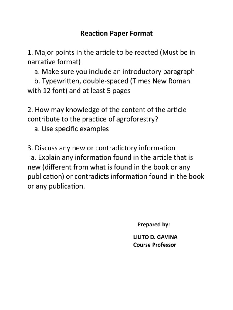 Reaction Paper Format: Prepared By: Lilito D. Gavina Course Professor | PDF