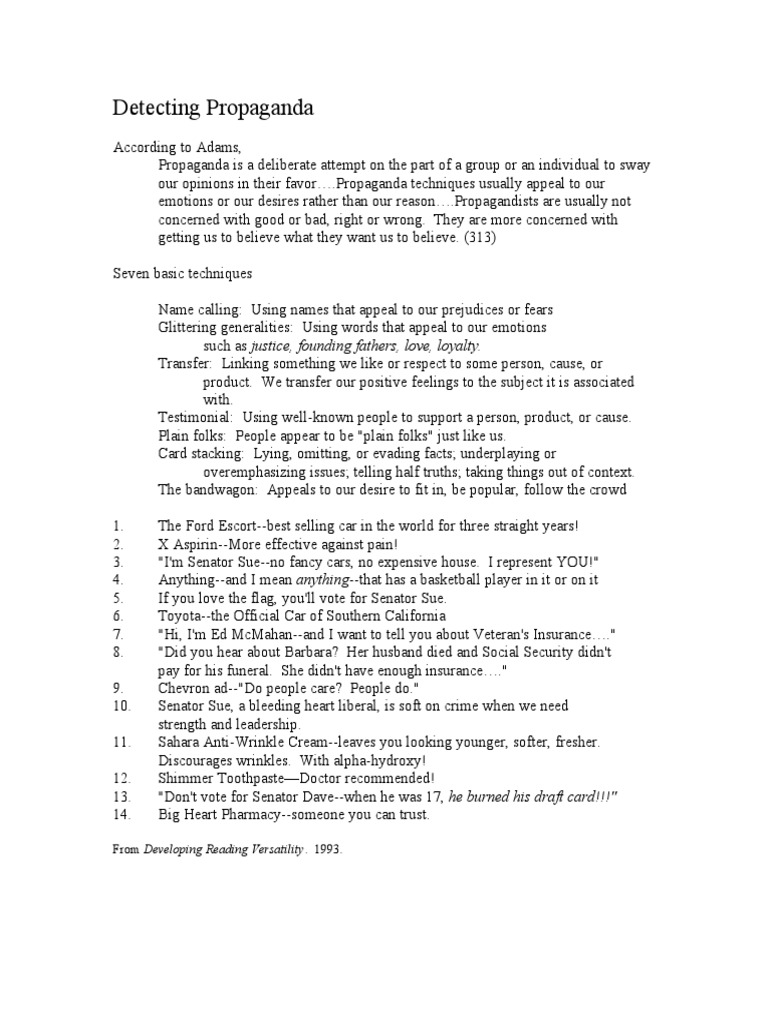 Detecting Propaganda From Developing Reading Versatility 1993 Pdf
