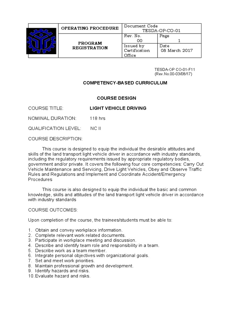 CBC Driving NC II New Normal | PDF | Vehicles | Occupational Safety And ...