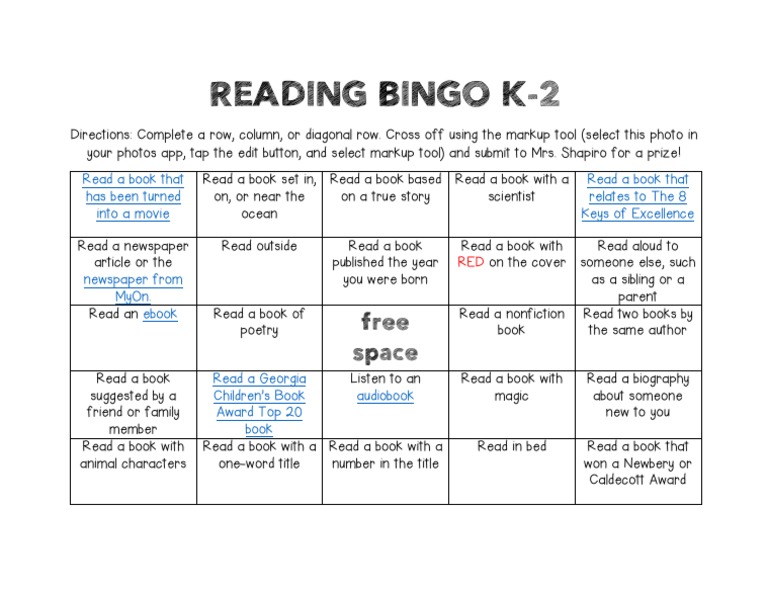 Reading Bingo k-2 | PDF | Philosophy | Religion & Spirituality