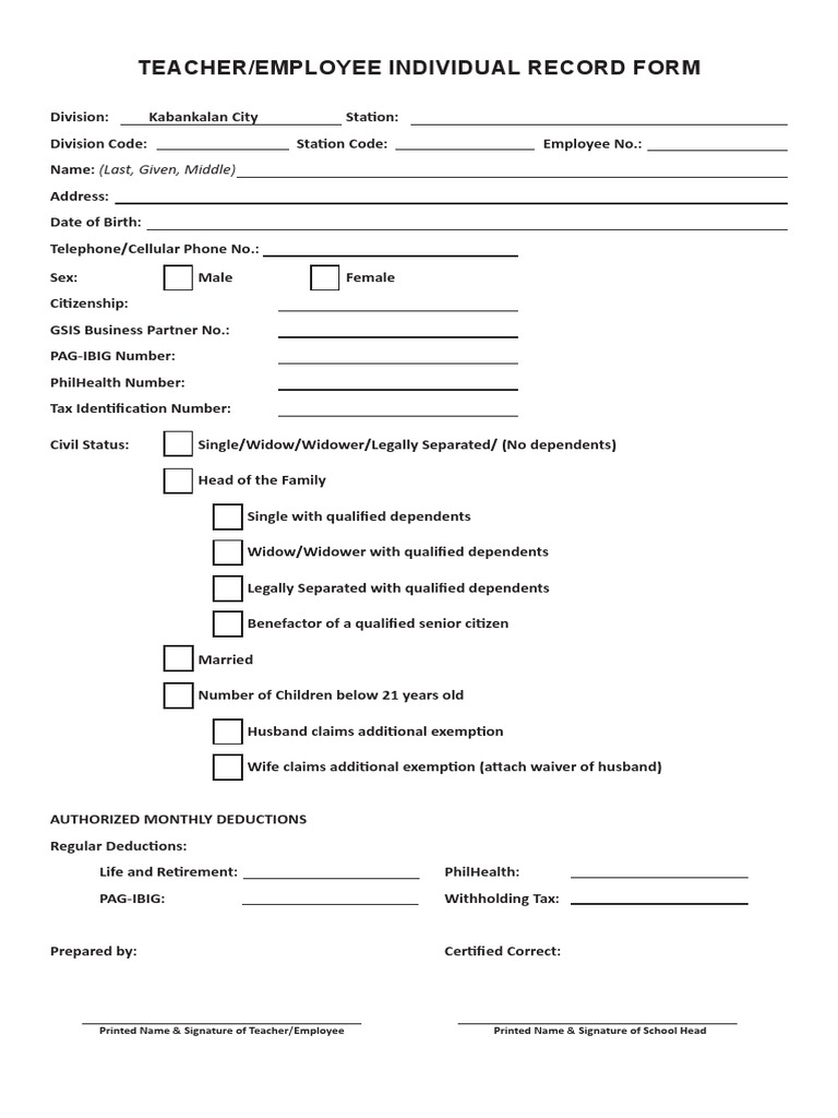 Teacher Service Record Form | PDF