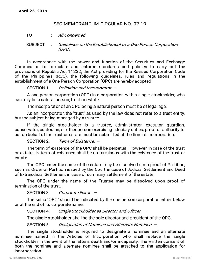 SEC MC No. 07-19 - Guidelines On OPC | PDF | Trust Law | Corporations