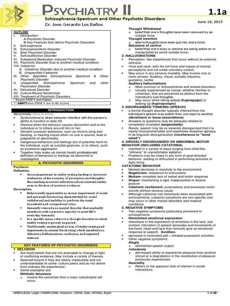 PSYCH 1.1A Schizophrenia Spectrum and Other Psychotic Disorder | PDF ...