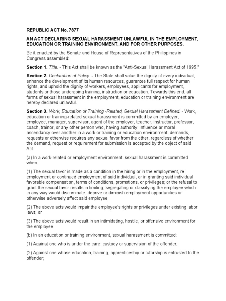 Ra 7877 | PDF | Sexual Harassment | Employment