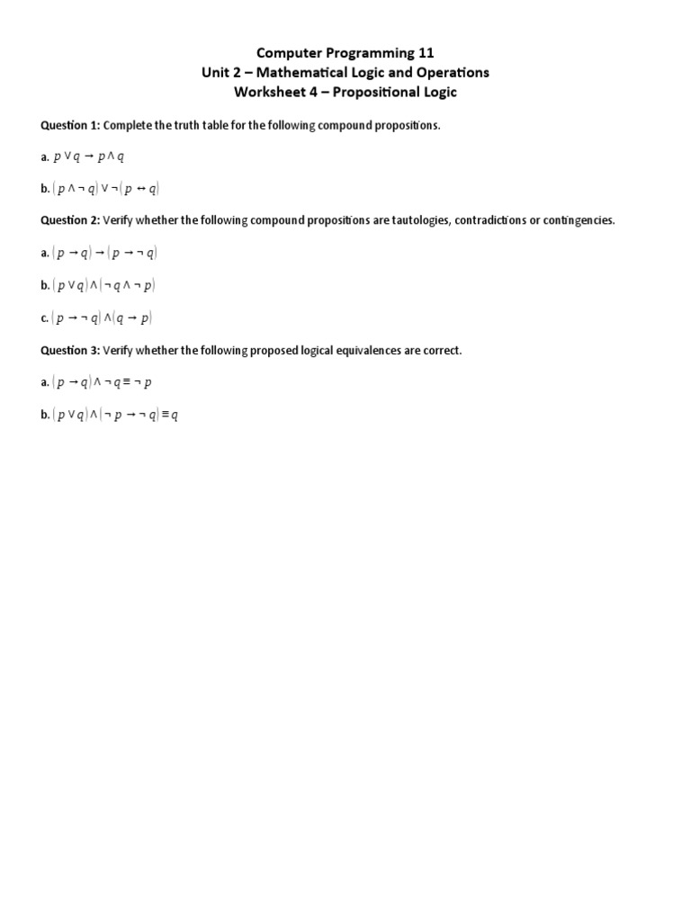 Propositional Logic Worksheet | PDF | Teaching Methods & Materials