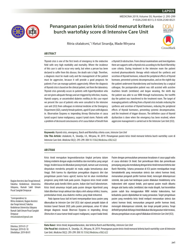 Penanganan Pasien Krisis Tiroid Menurut Kriteria Burch Wartofsky Score ...