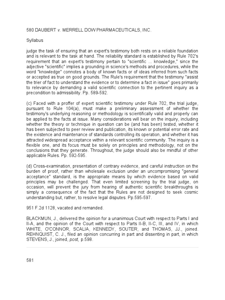 DAUBERT v. MERRELL DOW PHARMACEUTICALS, INC. | PDF | Daubert V. Merrell ...
