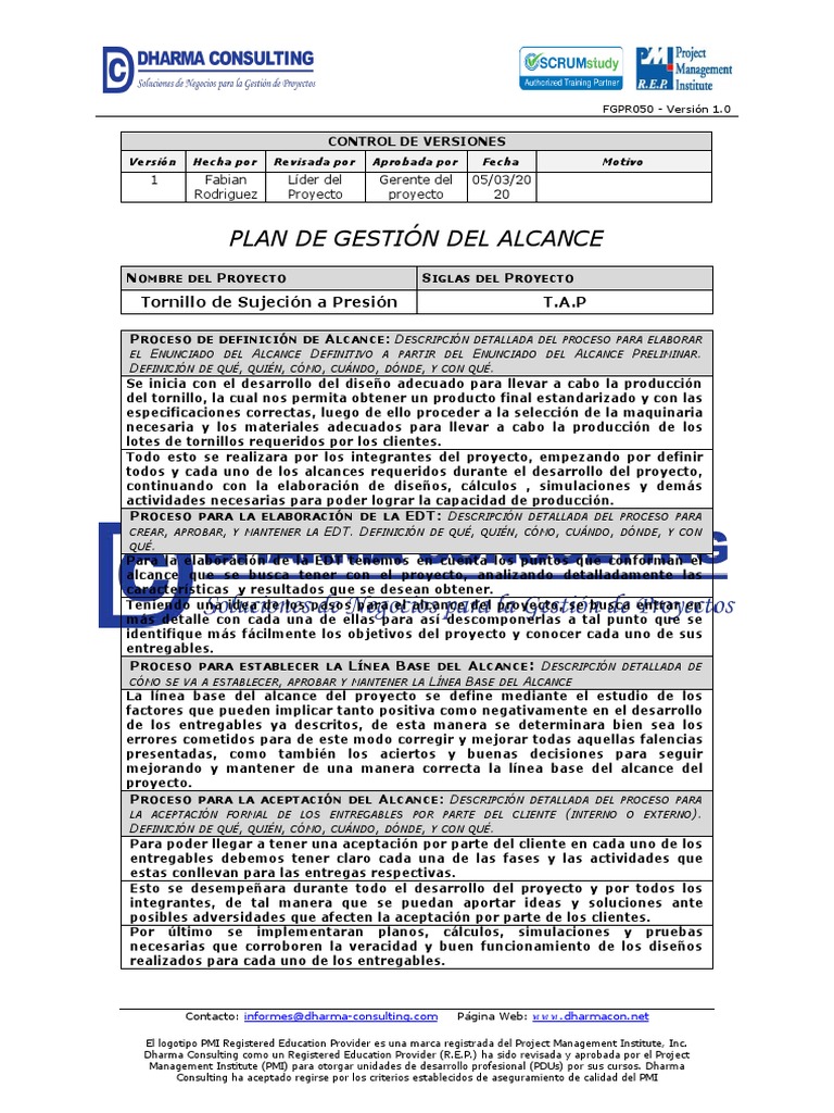 FGPR - 050 - 06 - Plan de Gestión Del Alcance.1docx | PDF | Business ...