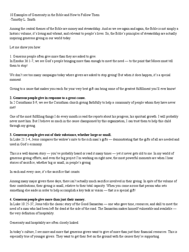 10 Examples of Generosity in The Bible | PDF | Generosity | Epistle To ...