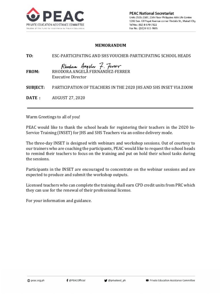 2020 INSET Memo For ESC SHS VP School Heads | PDF