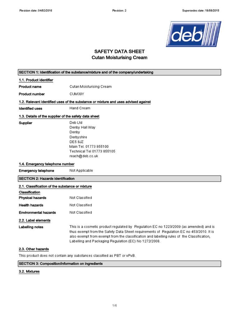 MSDS of Cutan Moisturizing Cream | PDF | Dangerous Goods | Safety