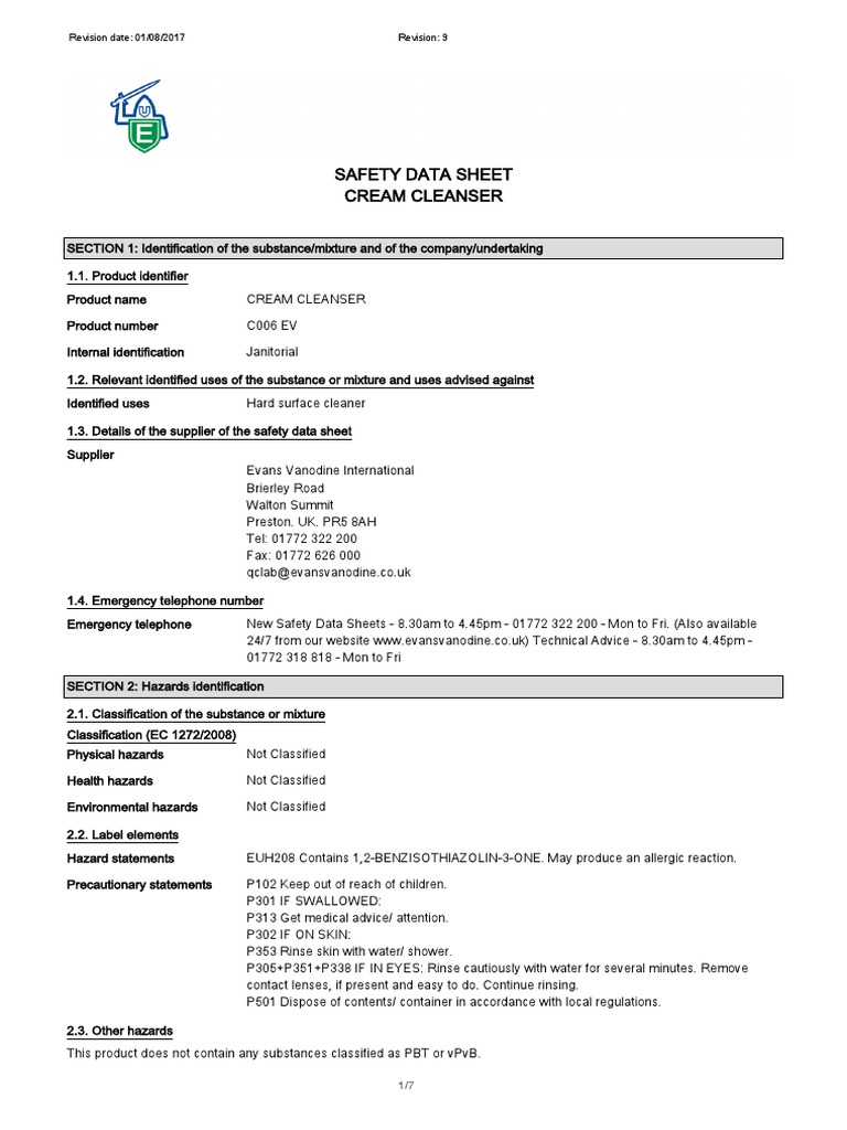 MSDS of Cream Cleanser | PDF | Toxicity | Dangerous Goods