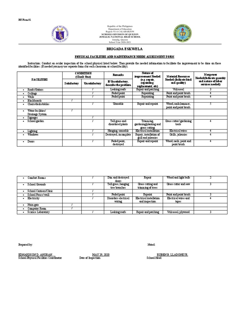 BE Form 1 PHYSICAL FACILITIES AND MAINTENANCE NEEDS ASSESSMENT FORM 1 ...