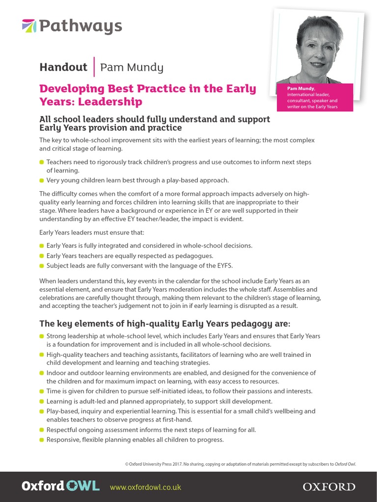 Developing Best Practice in The Early Years: Leadership: Handout Pam ...