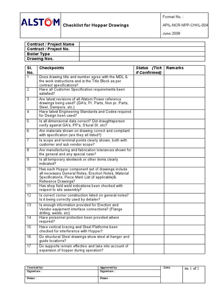 Checklist - Hoppers - Non Pressure Parts Drgs. | PDF | Specification ...