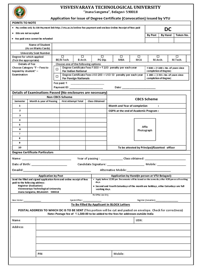 Application For Issue of Degree Certificate (Convocation) Issued by VTU | PDF | Mail | Government