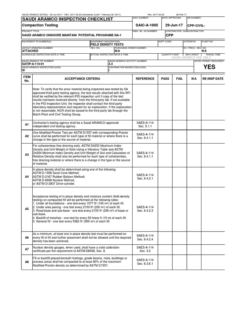 Saudi Aramco Inspection Checklist: Compaction Testing SAIC-A-1005 29 ...